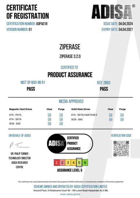 Ziperase: Certifications, Approvals & Patents | Secure Data Erasure